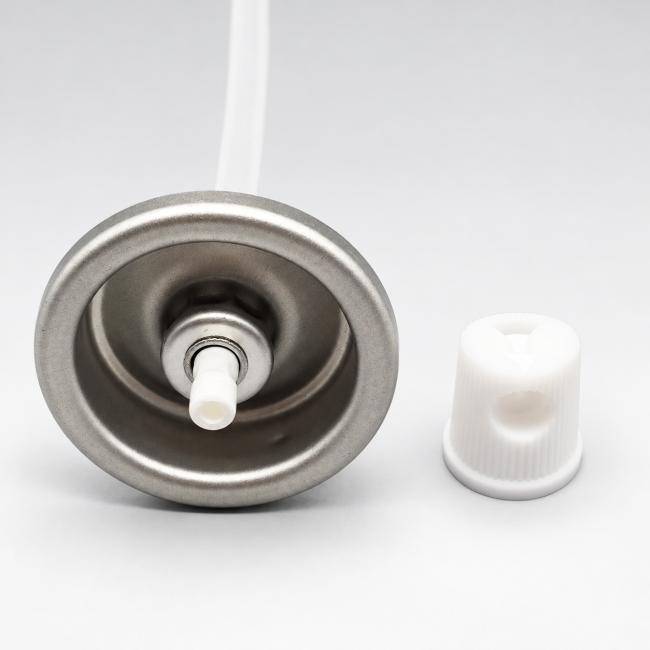Complete view of the One Inch aerosol valve assembly featuring its colored ribbon actuator