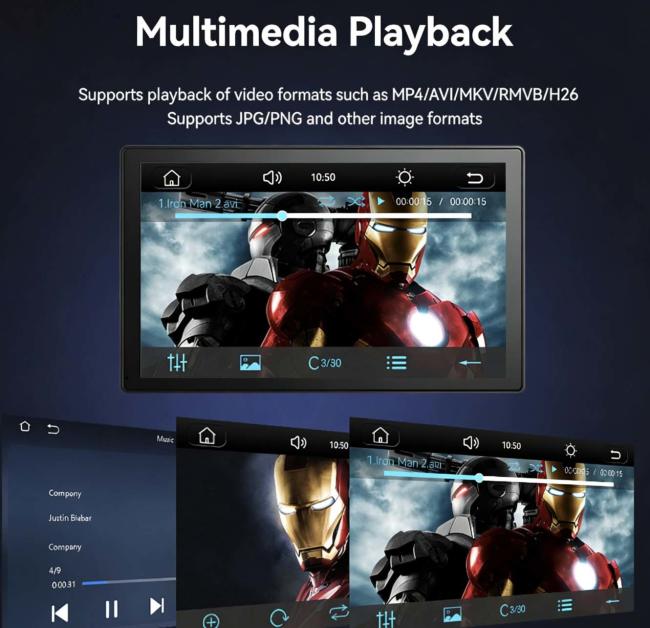 Car stereo displaying multimedia playback capabilities