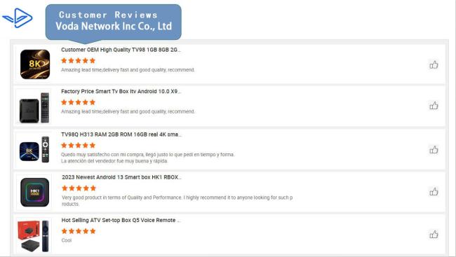 Customer feedback and positive reviews for Voda TV Box