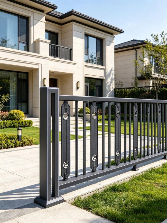 Villa yard installation showing the complete retro carved metal railing system