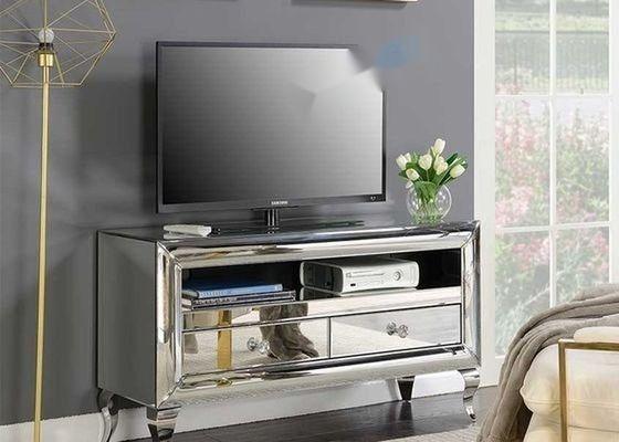 JS-TV01 Mirrored TV Stand with integrated electric fireplace in modern living room setting