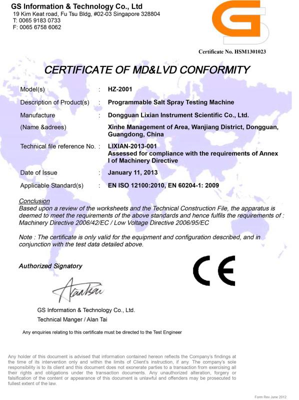 EN ISO 12100:2010, EN 60204-1: 2009 - Dongguan Lixian Instrument Scientific Co.,LTD