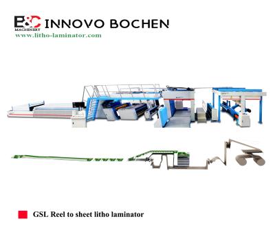 China Rol naar blad Bottom Paper Roll Feeding Automatic Flute Litho Laminator Machine Met Flip Flop Stacker Line Te koop