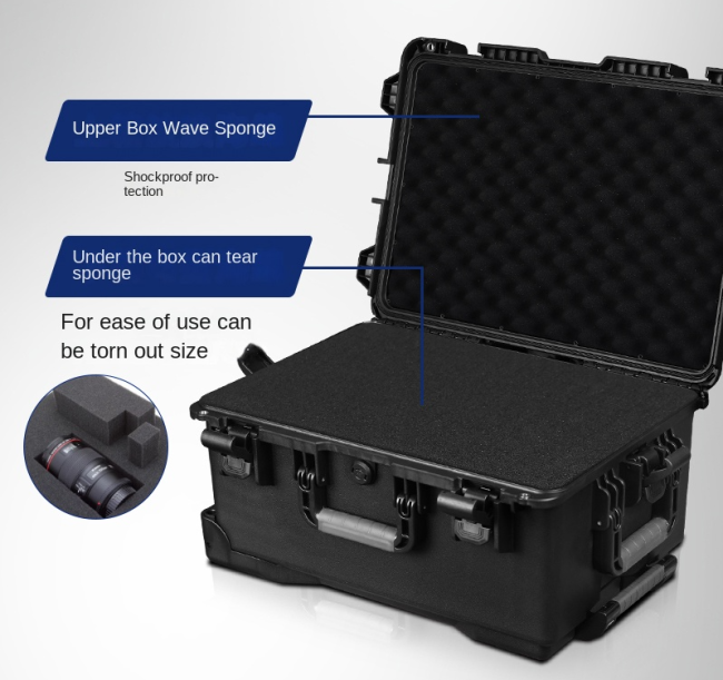 Waterproof carrying case with foam insert showing organized tool storage