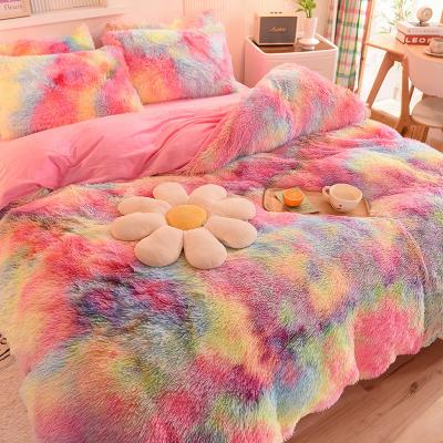 China Casa Hotel Casamento Cor do Arco-íris Couro Falso Puro Veludo Fluffy Plush Roupas de Cama Maciça Conjunto 4 Peças à venda