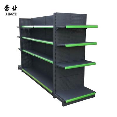 China Fabriek Op maat gemaakte kleurgrootte metalen dubbelzijdige supermarktplank zwart gondelplank Te koop
