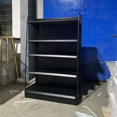 Cina Fabrica colore personalizzato taglia nero rack negozio di alimentari ripiani di supermercato leggero con rete laterale in vendita