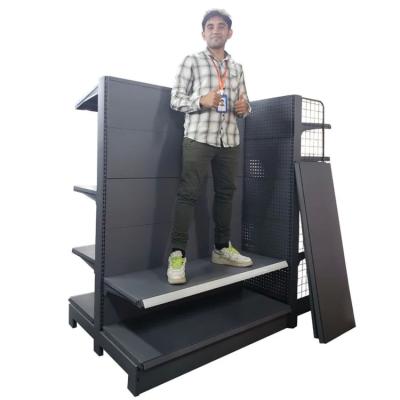 China Fabrieksop maat Kleur zwart gondel display kruidenierswinkel rack supermarkt gondel planken voor winkel Te koop