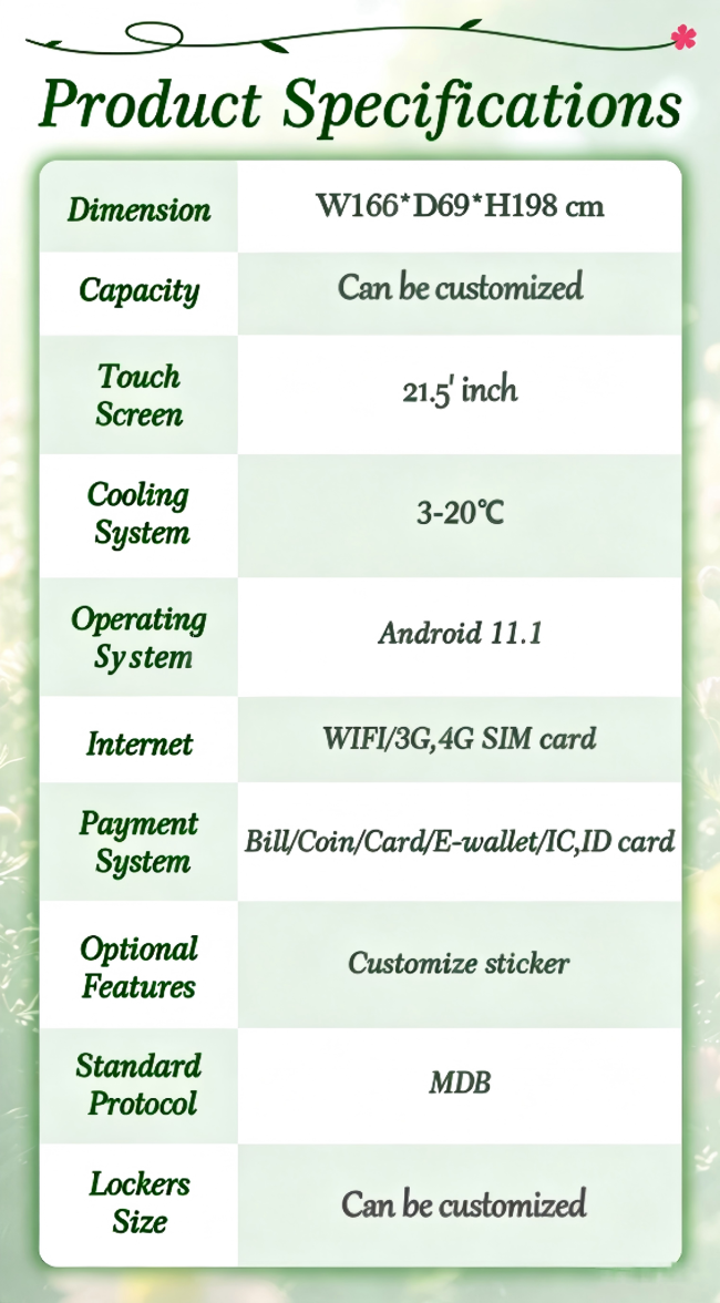 The specification of flower vending machine