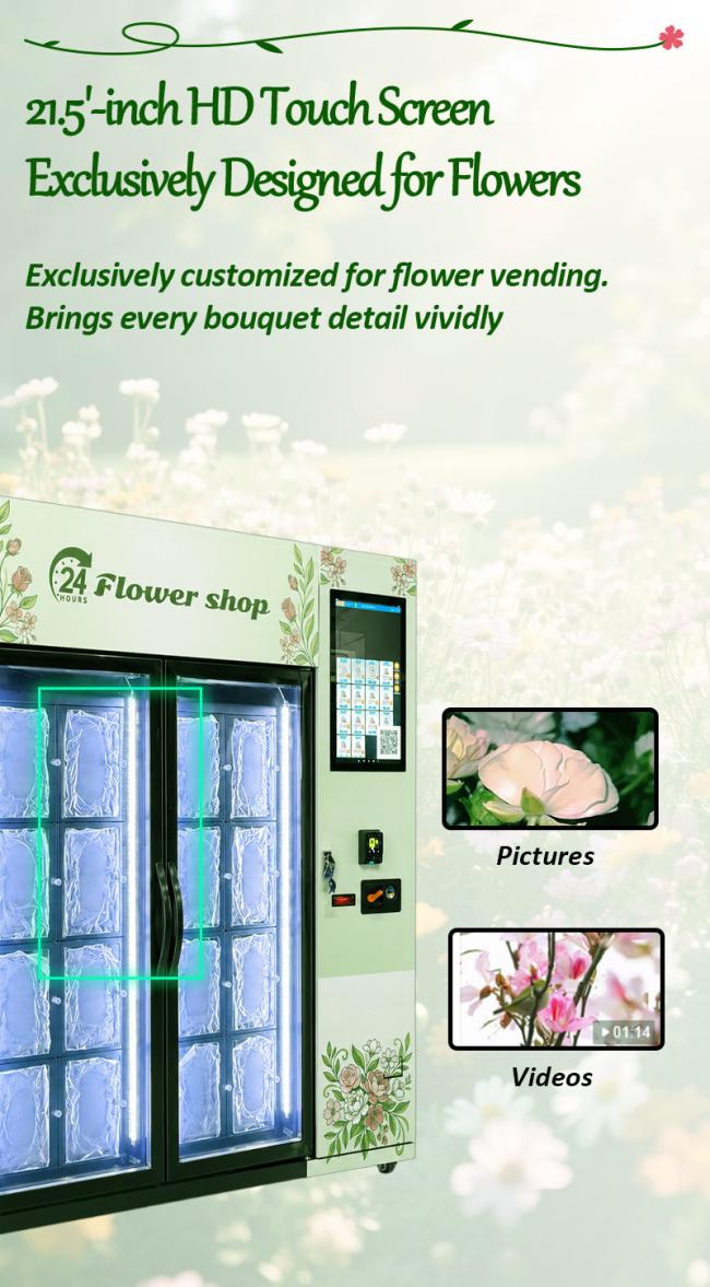 This flower vending machine has a 21.5-inch touch screen to see product detail.