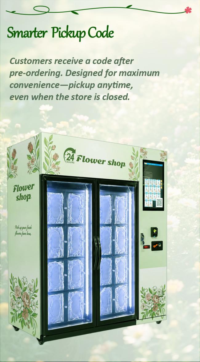 Customers can use pickup code to collect flowers on this flower vending machine.