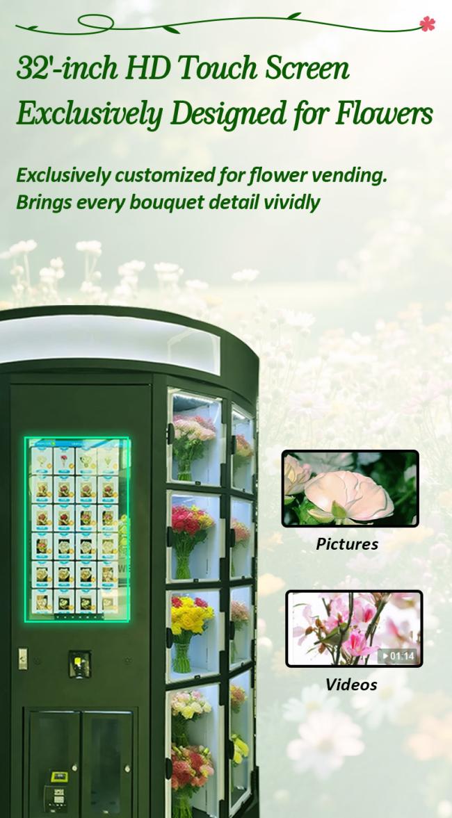 There is a 32-inch touch screen on this flower vending machine, it can play ads and see the product detail.