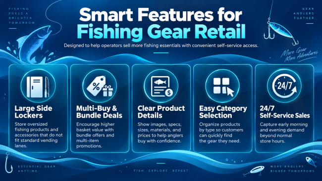 Close-up view of fishing vending machine features and compartments