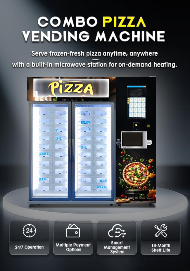 Front view of combo pizza vending machine with multiple lockers