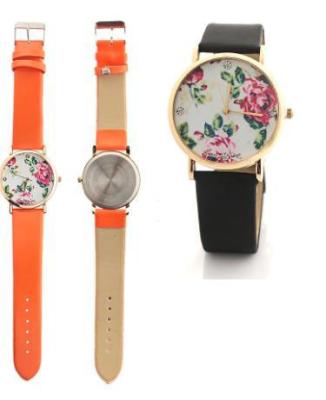 China Colorful PU Leather Strap Women Flower Quartz Watches Plated Gold Bezel for sale