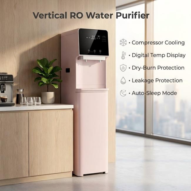 Modern vertical RO water purifier dispenser with digital temperature display freestanding in a contemporary office breakroom