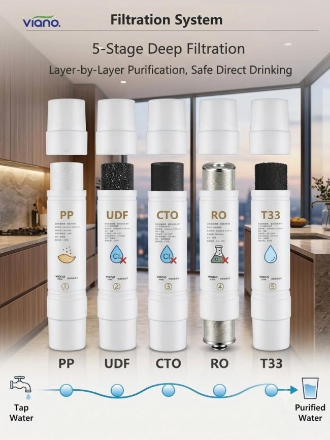 Infographic of a 5-stage deep RO water filtration system, showing PP, UDF, CTO, RO, and T33 filter cartridges in a clean, minimalist design for a product detail page.