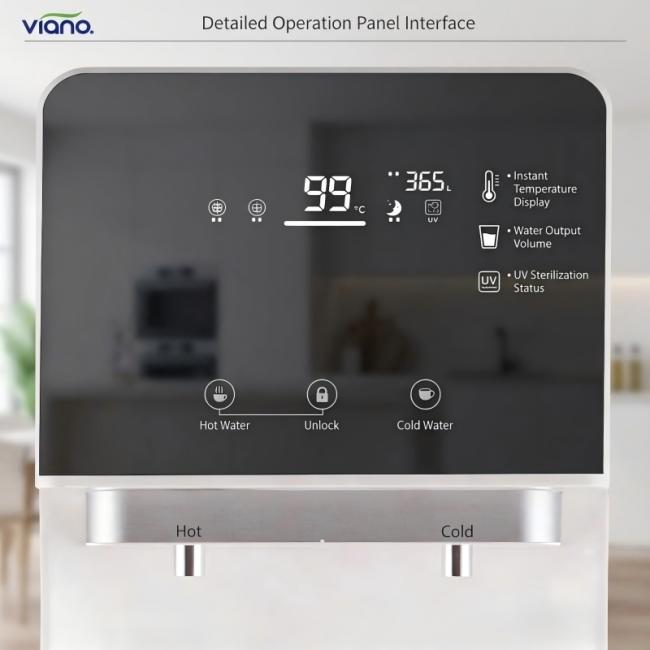 Close-up shot of the Viano smart water dispenser operation panel, featuring a dark glass touch display with clear white LED temperature (99°C) and water volume (365L) indicators. Simplified, clean icons show the hot water cup, child lock, cold water, UV sterilization, and filter status. Below the panel, separate hot and cold water nozzles are precisely aligned with brushed metal accents in a modern kitchen setting.