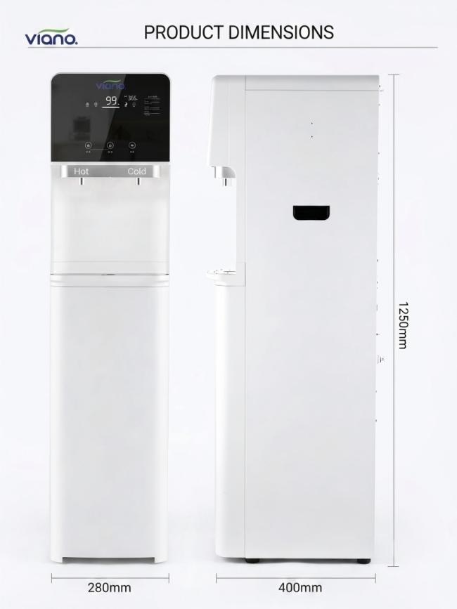 A minimalist grey and pinkish freestanding water dispenser (purifier) with a black top interface is shown in front and side views on a pure white background. The typography is modern and clean. Ultra-thin, sleek charcoal-grey dimension lines with tiny, precise dots at the endpoints indicate the height as 1250mm, the front width as 280mm, and the side depth as 400mm. The scene has a high-end, premium tech aesthetic with ample white space.