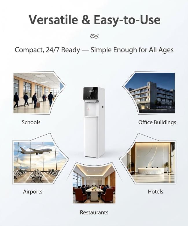 An elegant and modern multi-scenario infographic for the Viano commercial water purifier. In the center, a clean 3D render of the freestanding white water dispenser is showcased. Surrounding it are five neatly aligned, high-end lifestyle photos representing key application environments: a modern school corridor, a luxury corporate office building exterior, a sophisticated hotel lobby reception area, a contemporary corporate meeting room or upscale restaurant, and a bright airport terminal waiting area. The typography at the top reads 'Versatile & Easy-to-Use' in a clean, minimalist sans-serif font with plenty of professional white space.