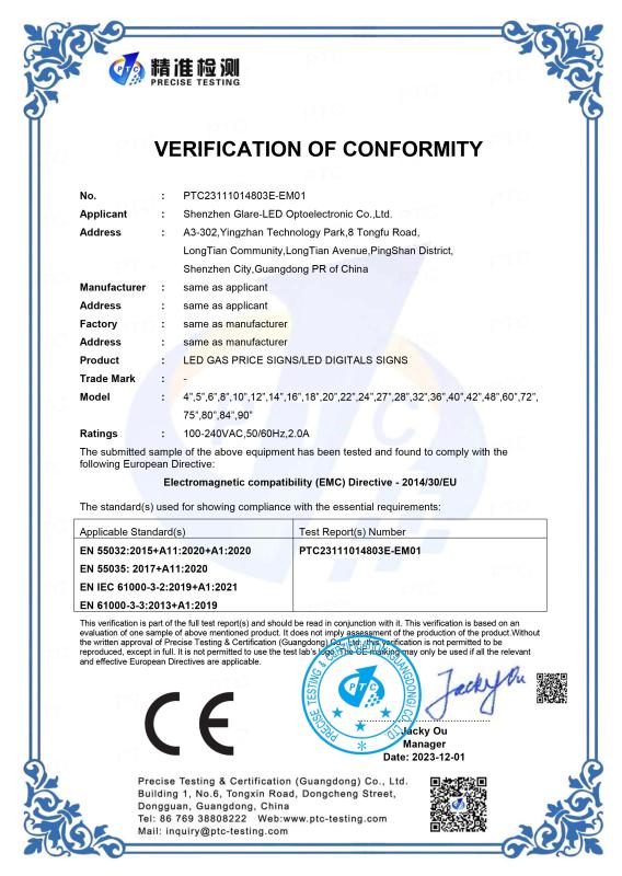 CE LED DIGITALS SIGNS - SHENZHEN GLARE-LED OPTOELECTRONIC CO., LTD