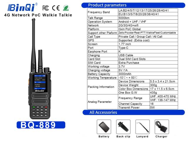 BinQi BQ-889A Poc Radio UHF 4G LTE Handheld Walkie Talkie High Volume GPS Zello WiFi for Android Cover 5000KM Global Long Range