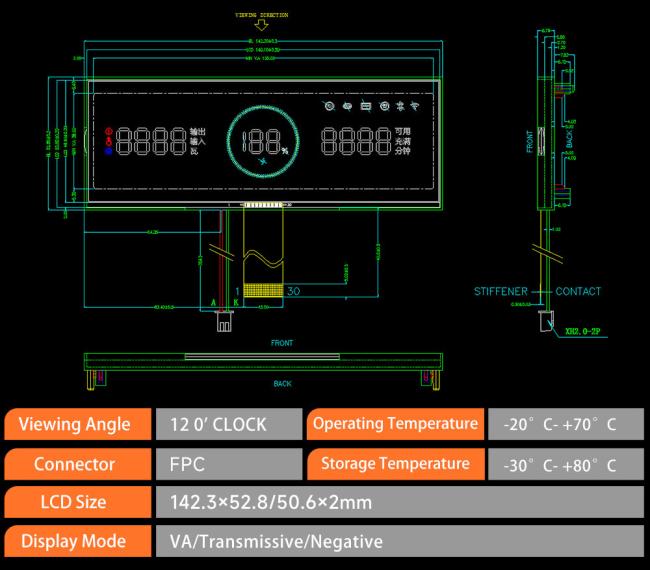 Close-up of LCD module connector and segments