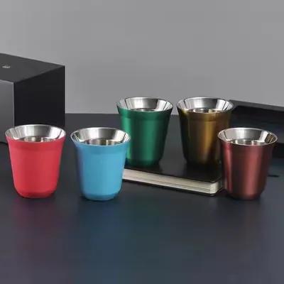 China Multicolor 80ml 160ml Taças de café de aço inoxidável personalizadas Pequenas Taças de Espresso de aço inoxidável italianas de parede dupla Manutenção de temperatura perfeita à venda