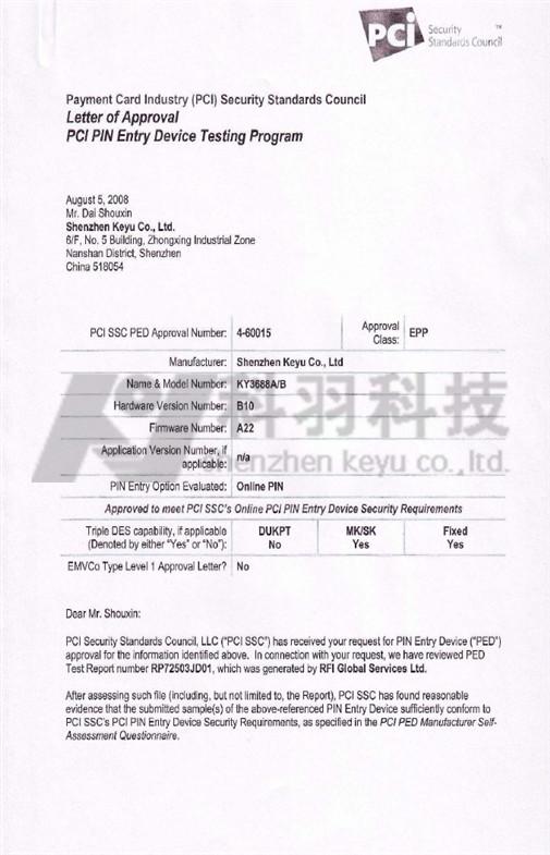 PCI PIN entry Device certification (PCI 1.3) - Guangdong Chuangwei Electronic Equipment Manufactory