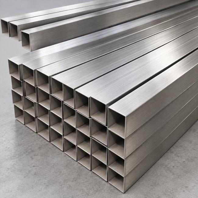 Close-up of brushed decorative stainless steel square tubing