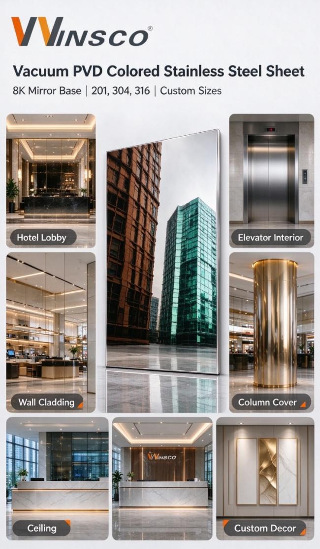 Vacuum PVD colored stainless steel sheet application scenarios hotel elevator wall cladding column cover ceiling