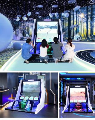 China VR schietsimulator voor kinderen met geweren en dubbele 65 inch schermen voor multiplayer competitie Te koop