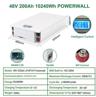 Cina 48V 200Ah Powerwall 10Kwh LiFePO4 Batteria integrata 200A BMS CAN RS485 51.2V 6000+ Cicli 10 anni di garanzia per il disattivamento solare in vendita