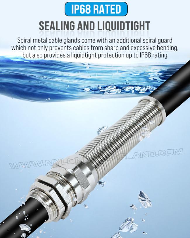 IP68 waterproofness of spiral metal brass cable glands with strain relief
