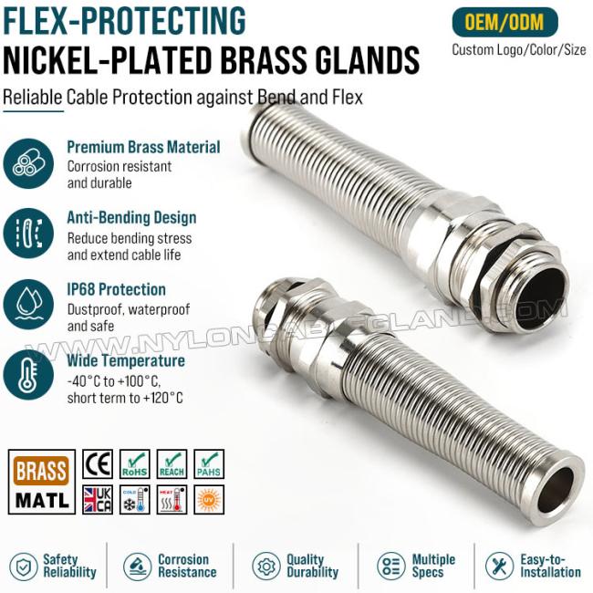 OEM/ODM manufacturer & exporter of nickel-plated brass cable glands with spiral strain relief in China