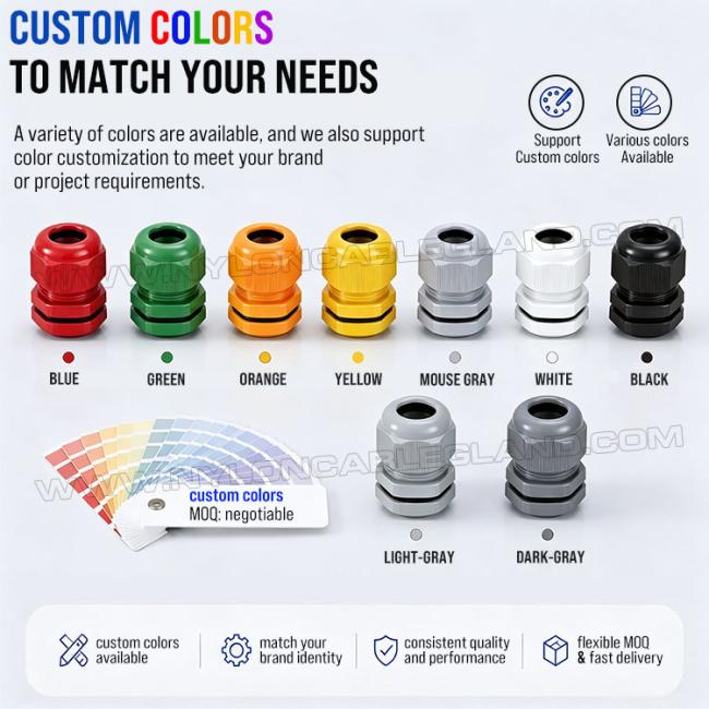 Customize different colors of plastic nylon polyamide watertight cable glands and cord grips
