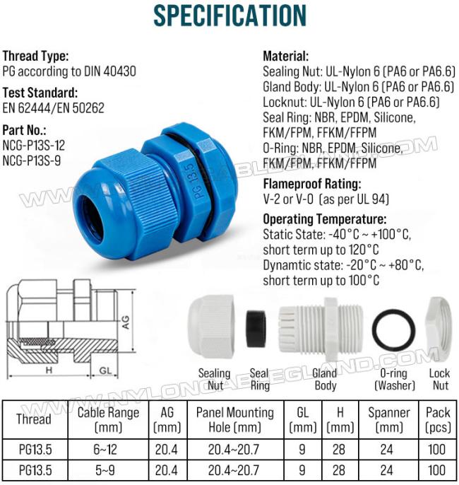 Specification of colored (colorful) polyamide 6 (nylon 6) plastic cable glands & cable cord grip connectors