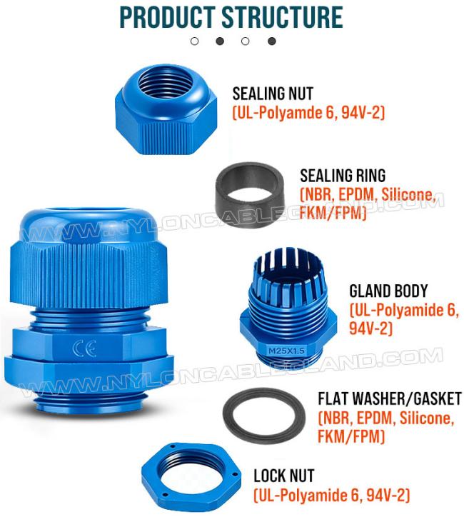 Product structure of colored polyamide nylon plastic cable glands and cord grip connectors