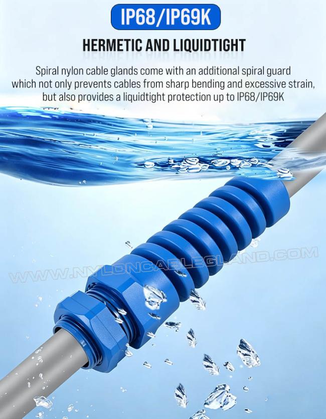 Water resistance of colored helical nylon polyamide cable glands