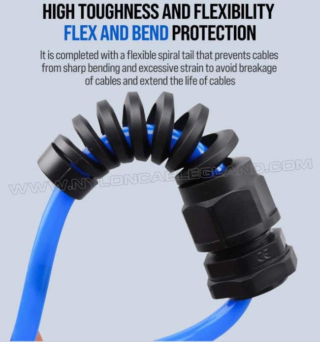 Bend and kink protection of colored spiral nylon cable glands
