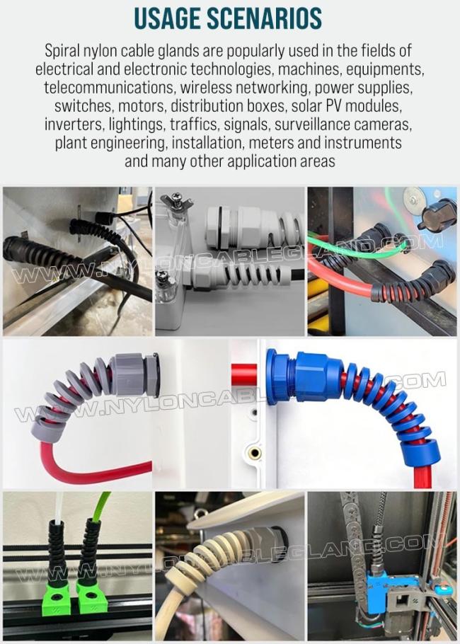 Usage scenarios of colorful spiral nylon polyamide plastic cable glands