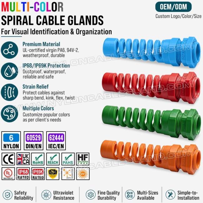 Manufacturer of Colored Spiral Strain Relief Nylon Polyamide Cable Glands & OEM Cable Management Solution in China