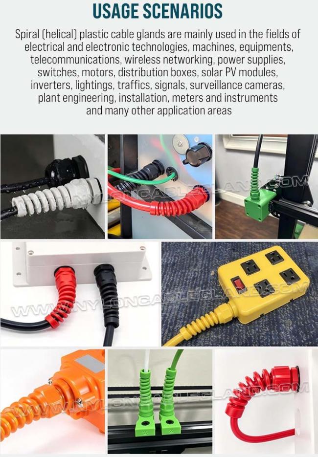 Usage scenarios of multiple color spiral nylon polyamide plastic cable glands