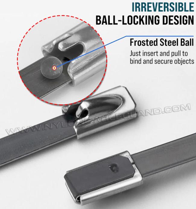 Ball-locking mechanism of epoxy-coated stainless steel cable ties