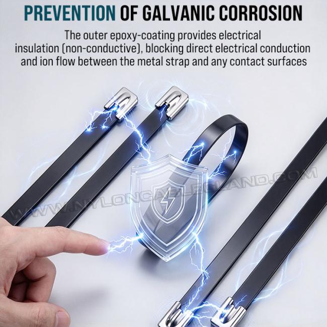Prevention of galvanic corrosion of epoxy-coated stainless steel cable ties