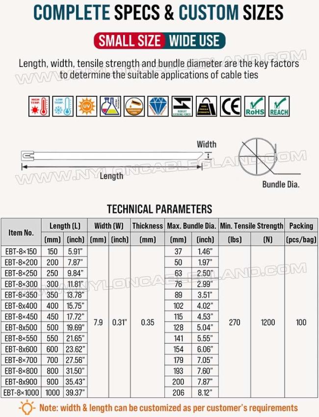 Technical data of 7.9mm width epoxy-coated stainless steel cable ties