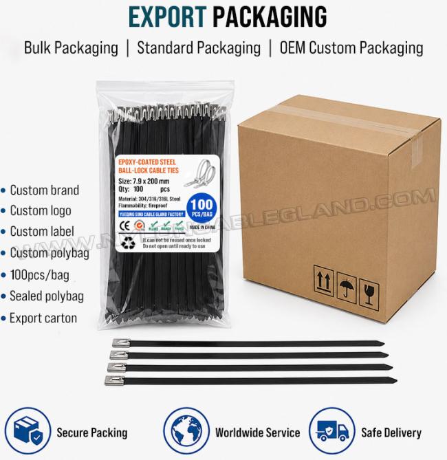 Export packaging of epoxy-coated stainless steel cable ties