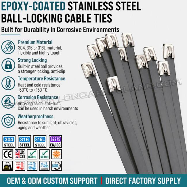 7.9mm width epoxy-coated (epoxy powder coating) stainless steel cable ties