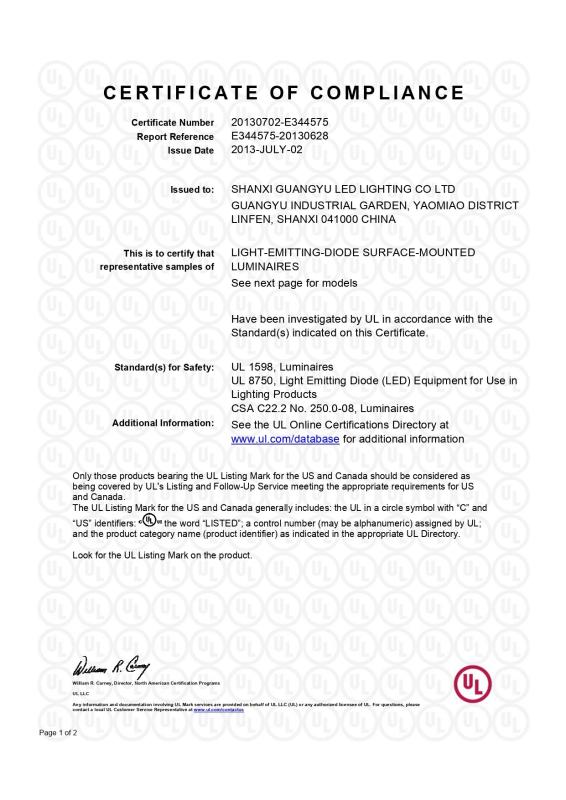 Certificate of COMPLIANCE - Shanxi Guangyu Led Lighting Co.,Ltd.