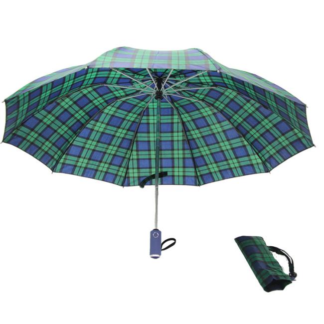Green check pattern three folding umbrella - side view